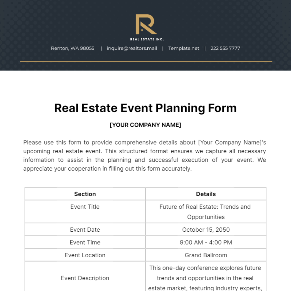 Real Estate Event Planning Form Template - Edit Online & Download Example | Template.net