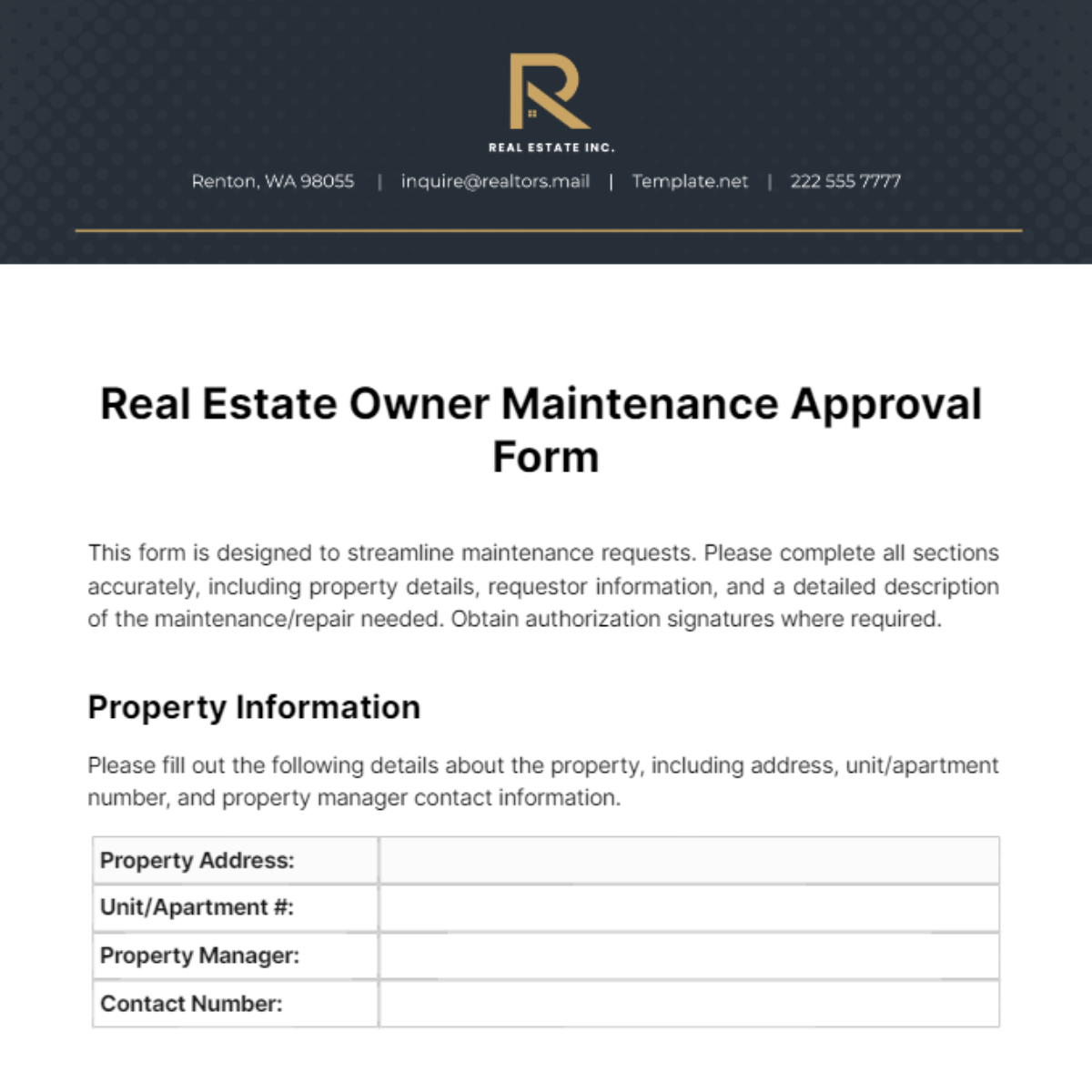 Real Estate Owner Maintenance Approval Form Template - Edit Online ...