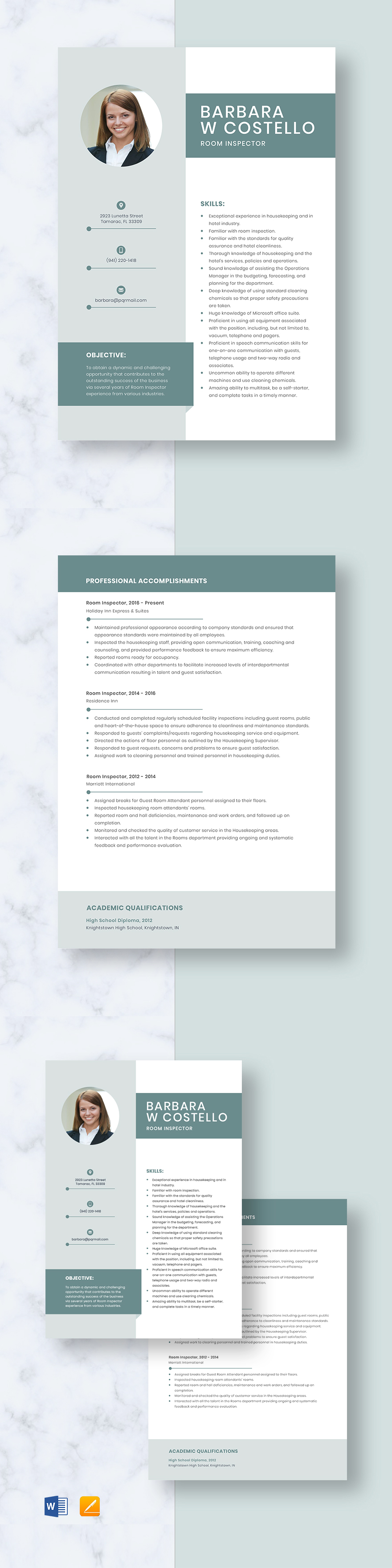 Room Inspector Resume Template - Word, Apple Pages | Template.net