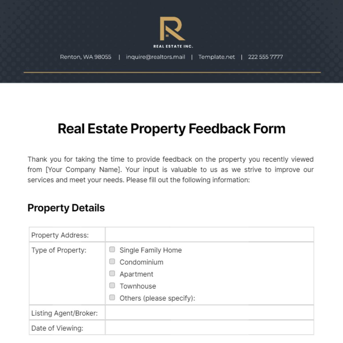 Real Estate Property Feedback Form Template - Edit Online & Download ...