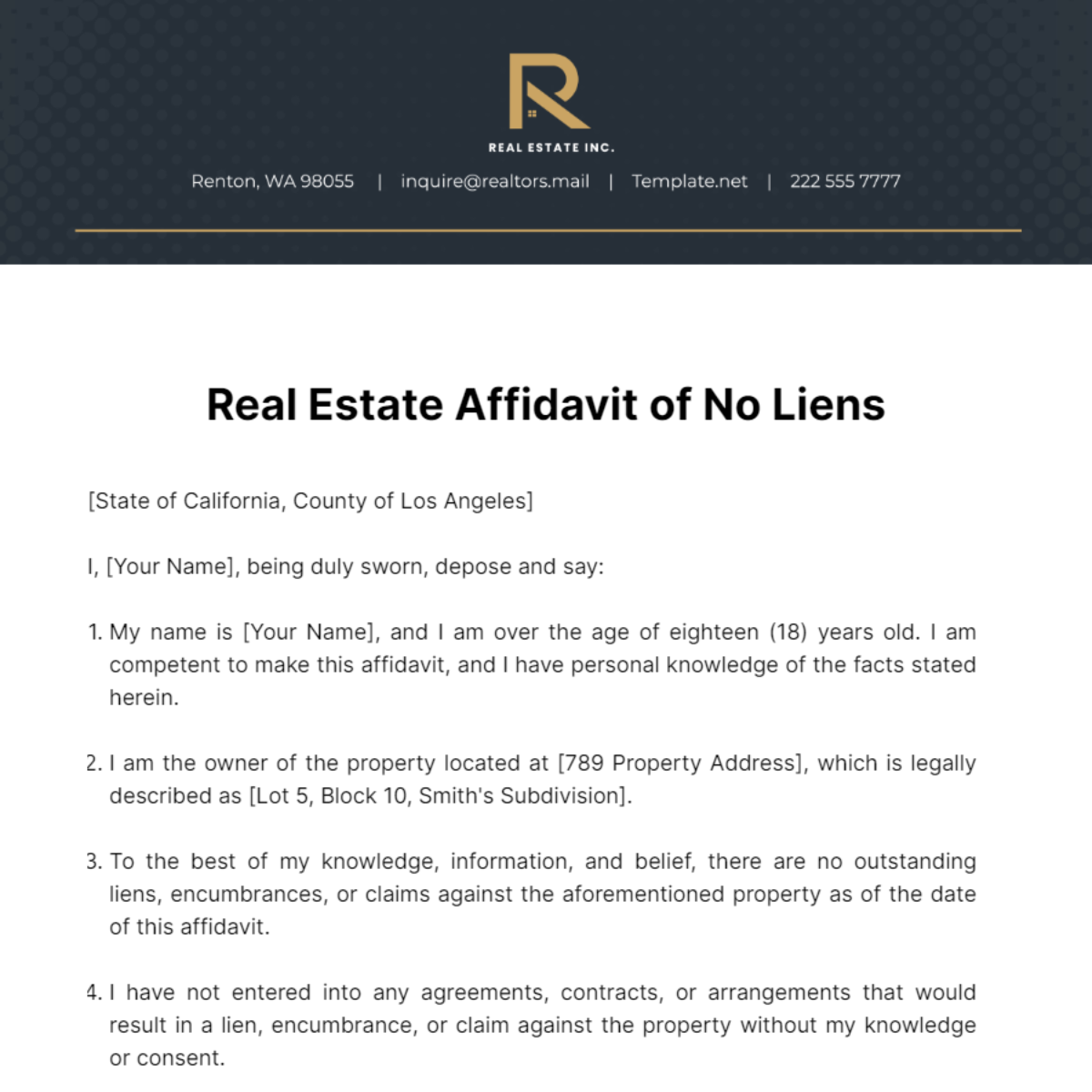Real Estate Affidavit of No Liens Template - Edit Online & Download ...