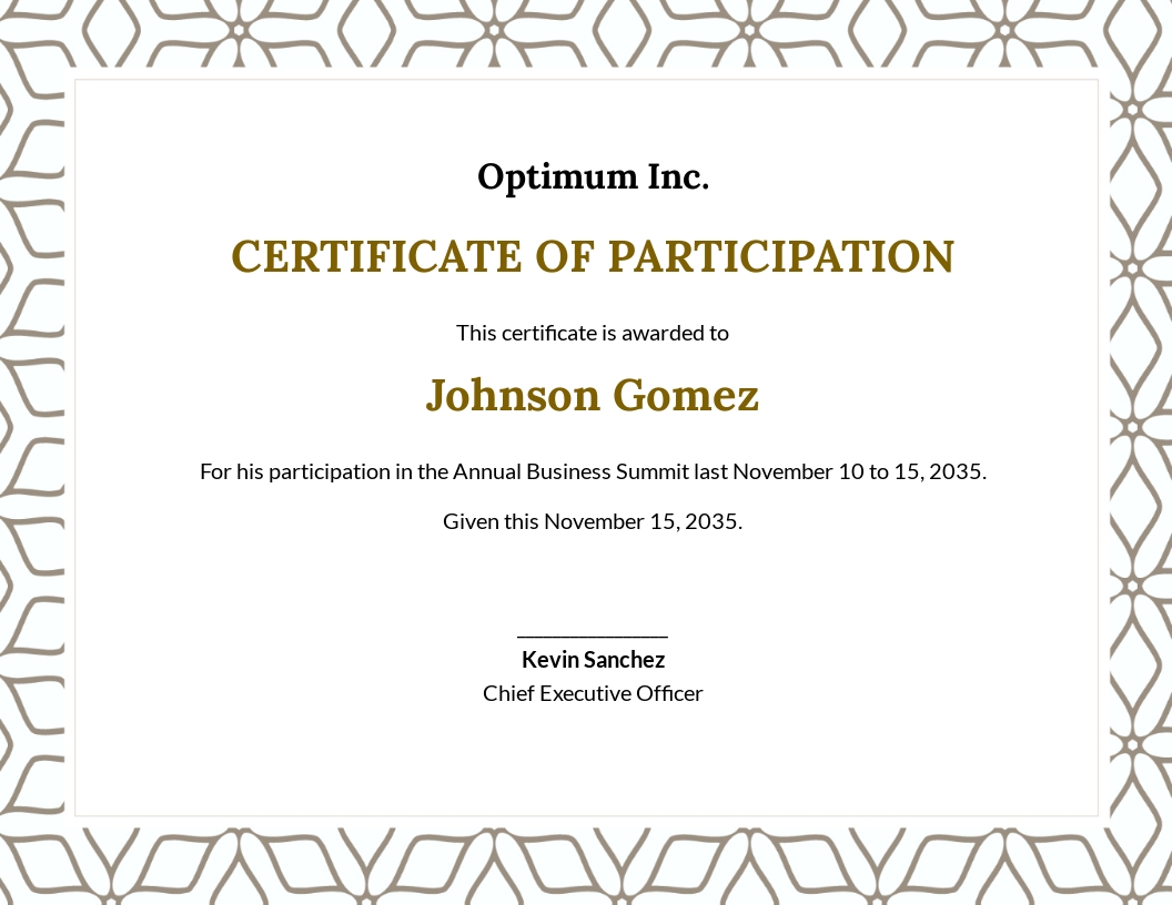 Blank Participation Certificate Template - Google Docs, Word | Template.net Blank Participation Certificate Template - Google Docs, Word | Template.net