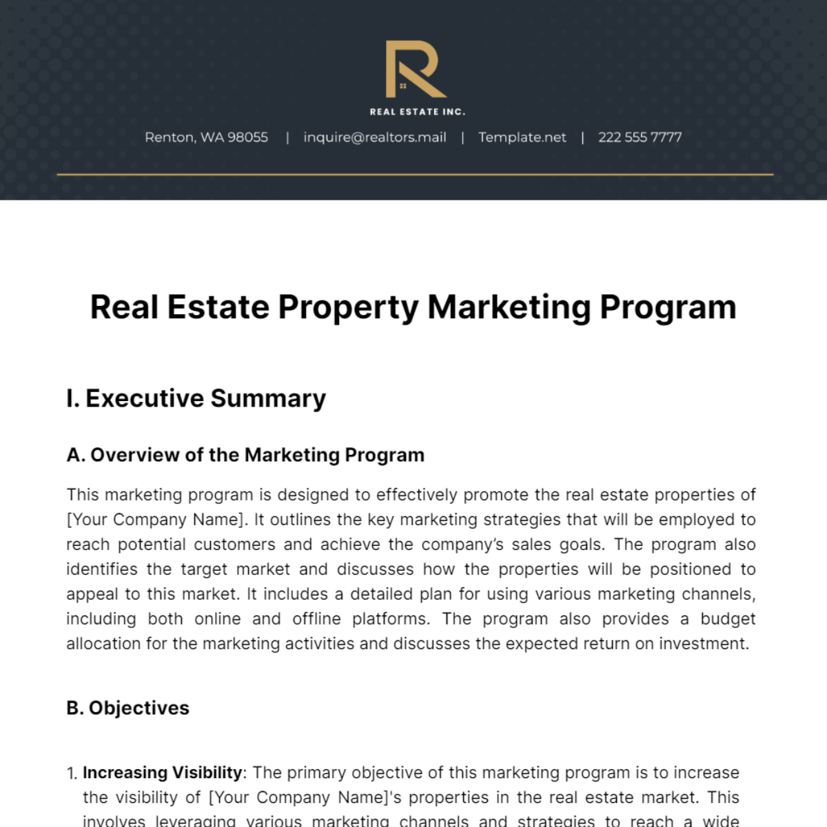 Real Estate Property Marketing Program Template - Edit Online ...