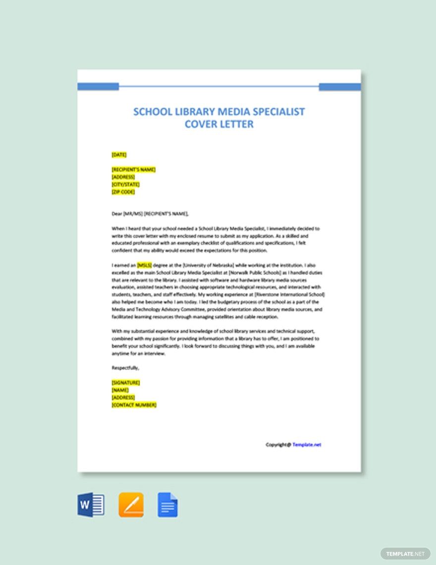 Free School Library Assistant Cover Letter Template - Google Docs, Word ...