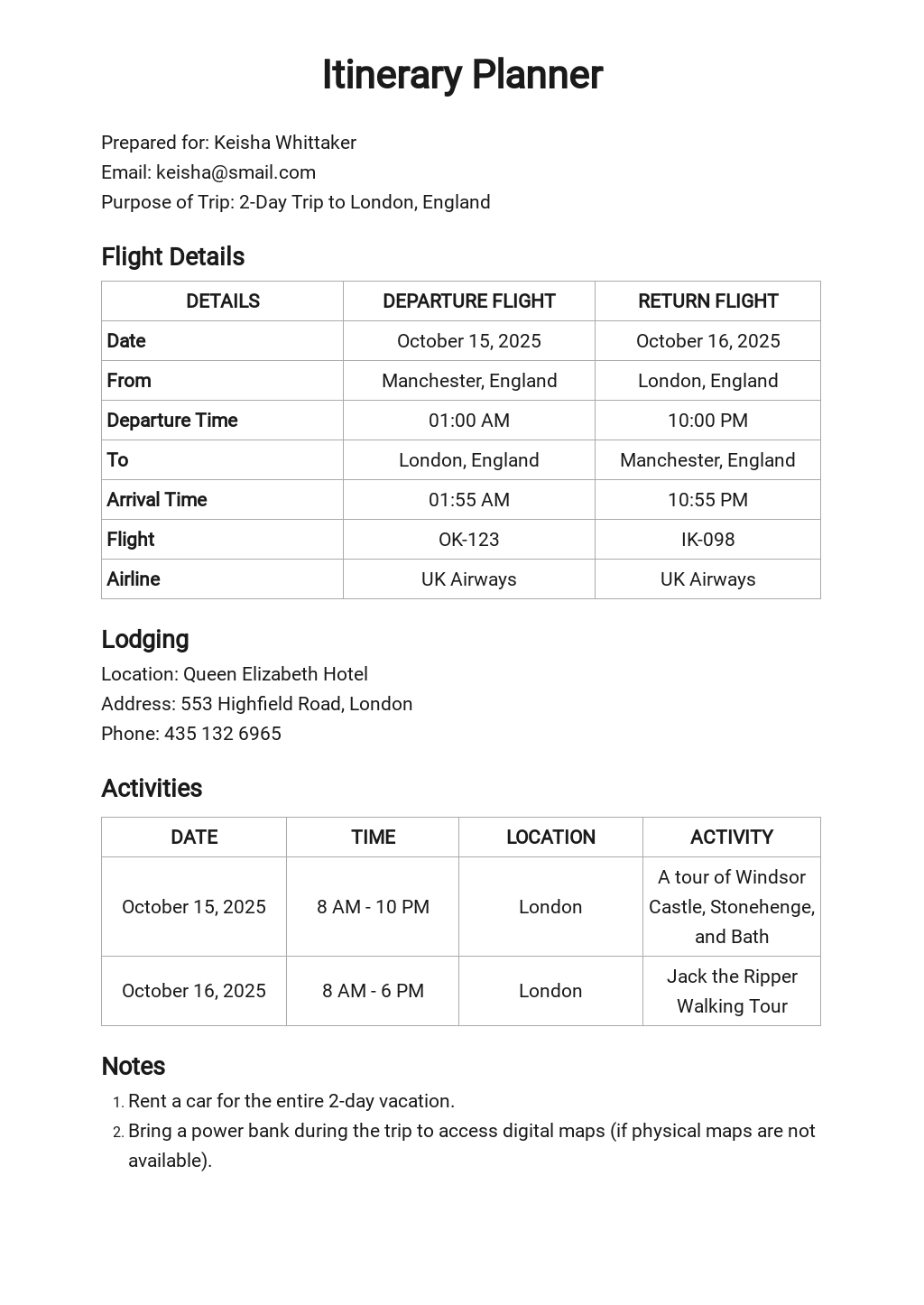 Google Docs Itinerary Template Free
