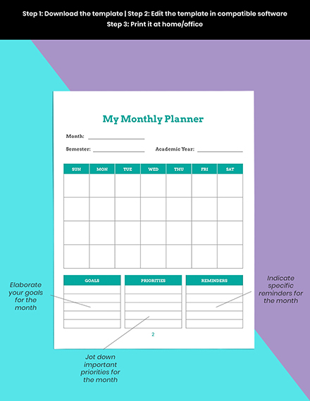 Monthly School Planner Template Word Apple Pages Template