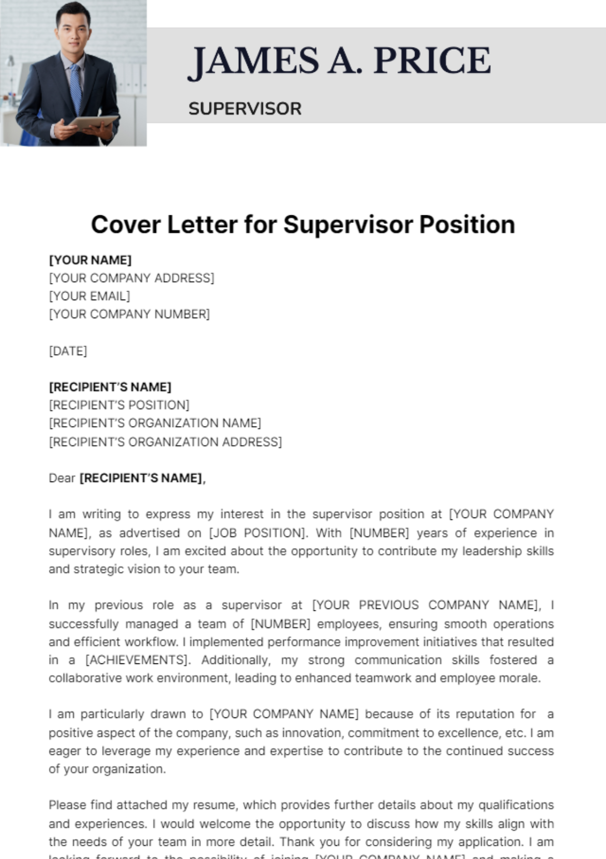 Free Cover Letter For Supervisor Position Template Edit Online