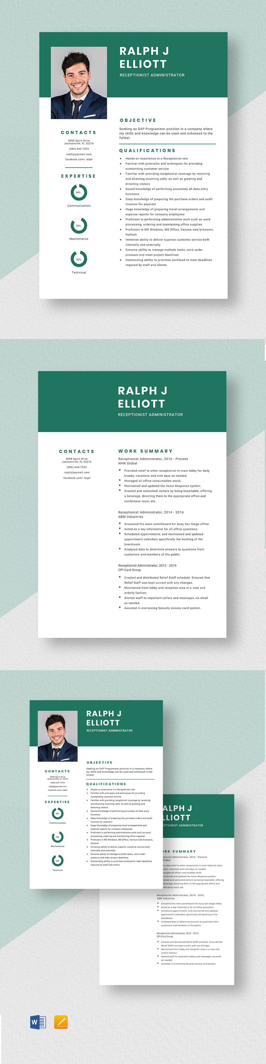 Basic Receptionist Resume Template - Illustrator, Indesign, Word, Apple 