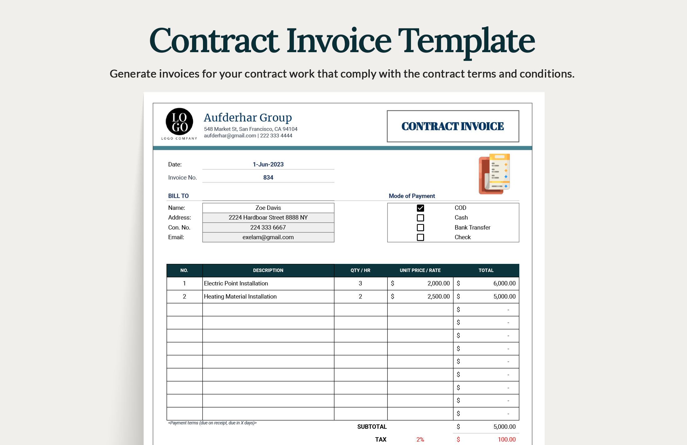 Contract Invoice Template - Download in Word, Google Docs, Excel, PDF ...