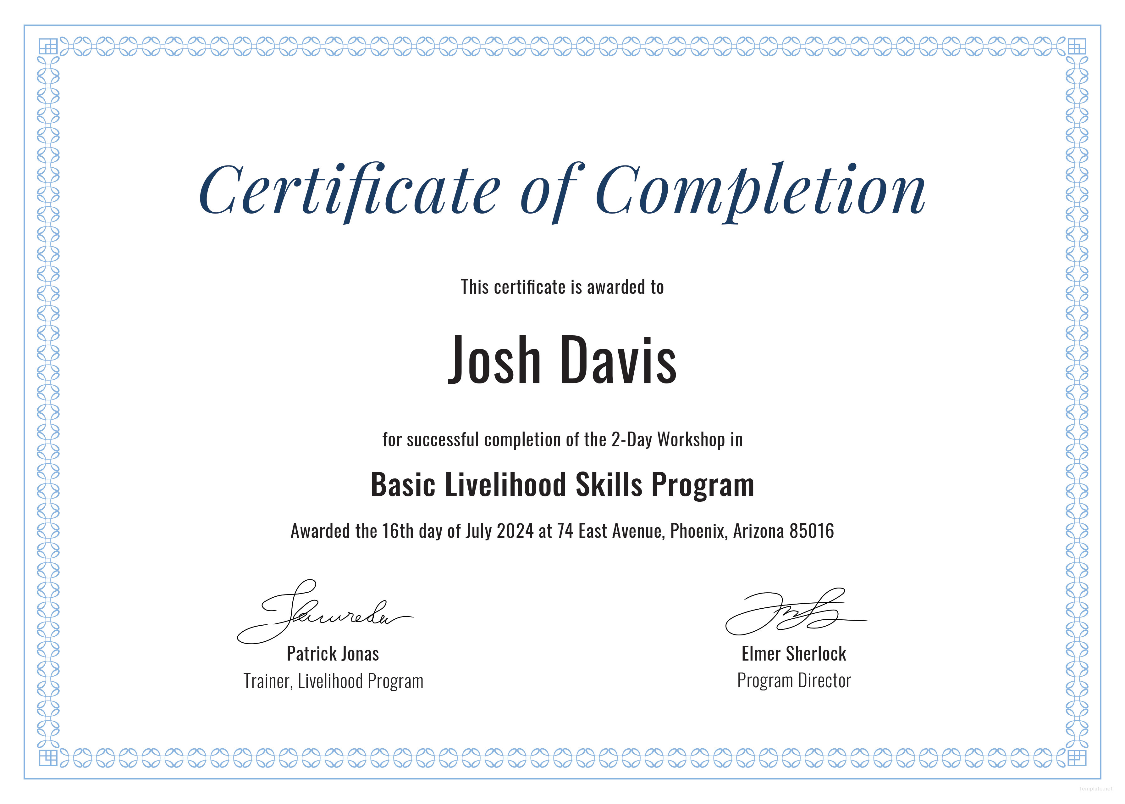 Sample Completion Certificate Template In Adobe Photoshop Illustrator 