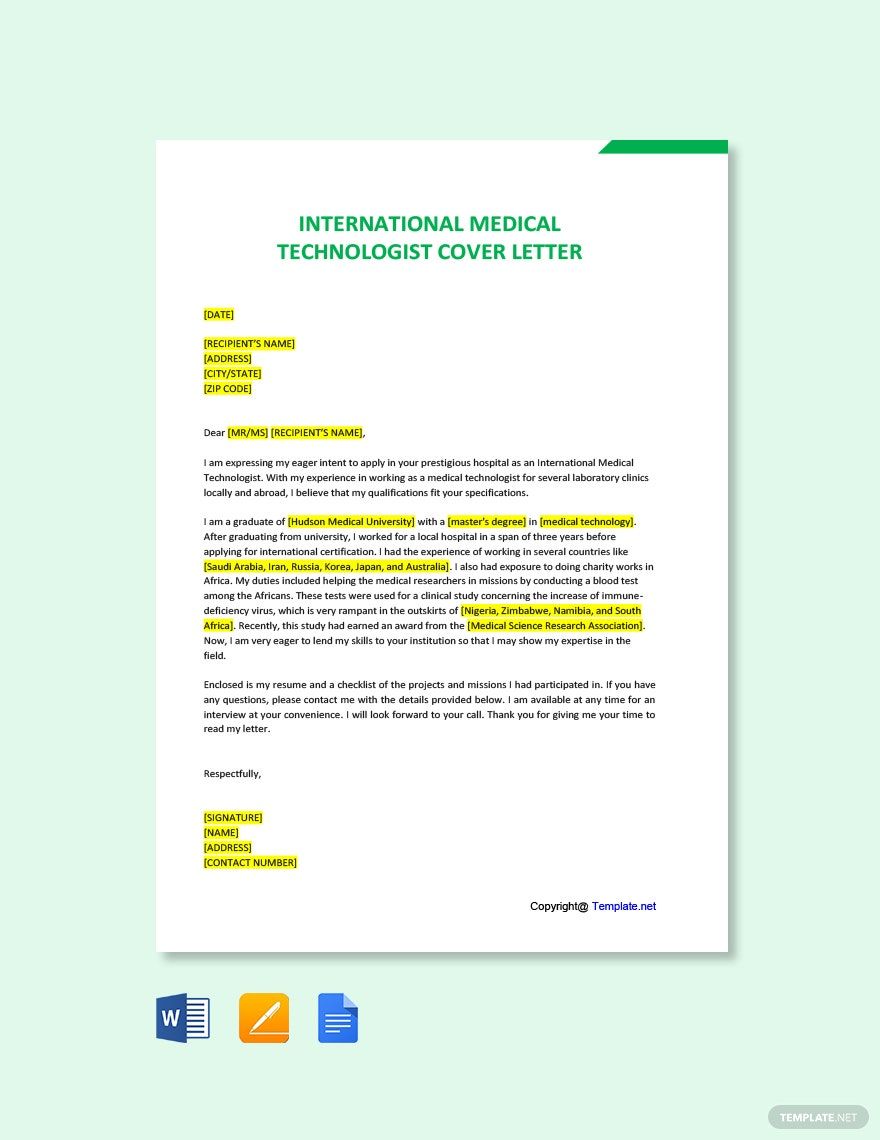 Free Clinical Laboratory Technologist Cover Letter Template - Google Docs, Word | Template.net