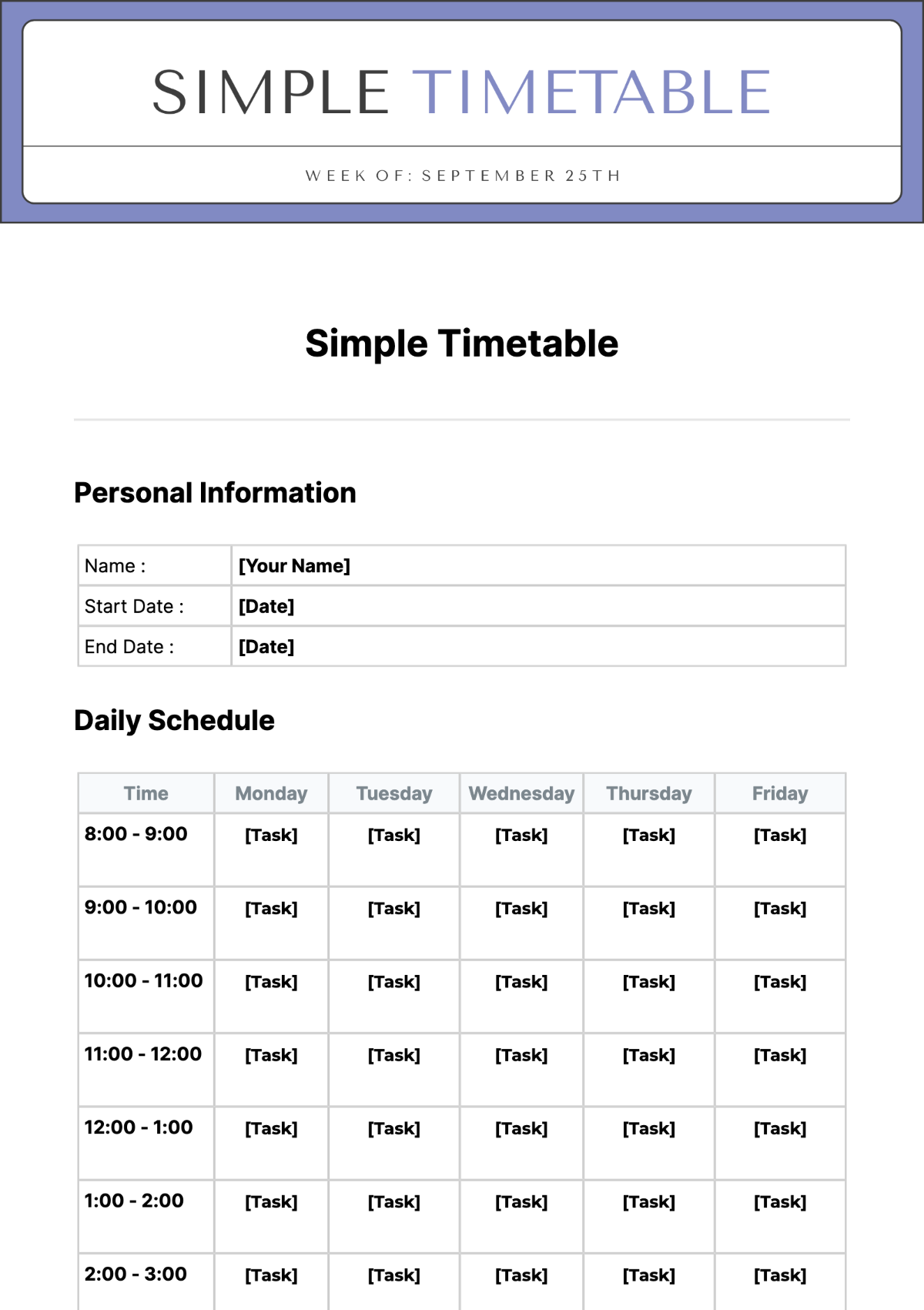 Simple Timetable Template - Edit Online & Download Example | Template.net Simple Timetable Template - Edit Online & Download Example | Template.net