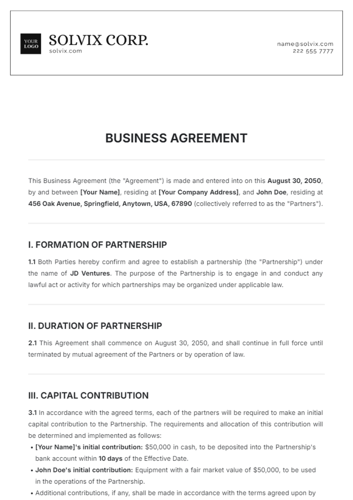 Sample Business Agreement Template - Edit Online & Download Example ...