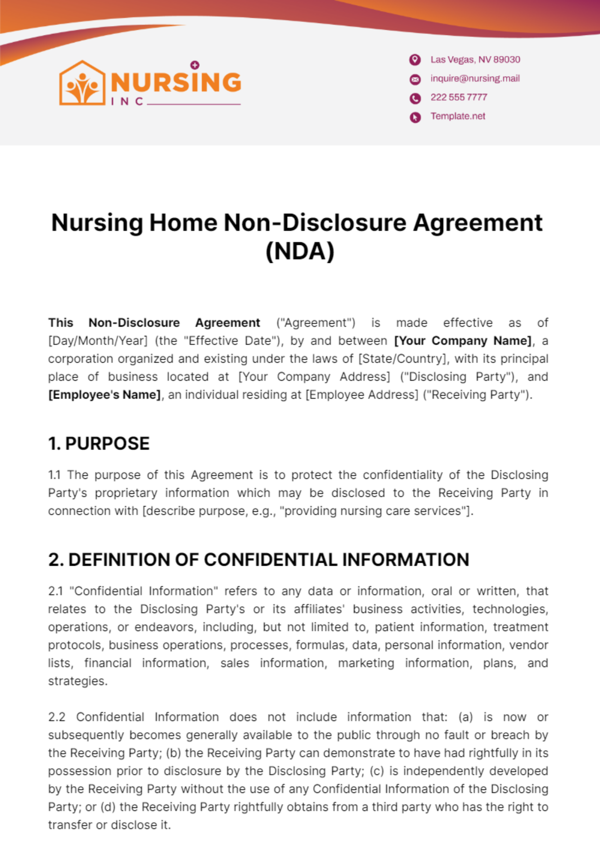 Nursing Home Non-Disclosure Agreement (NDA) Template - Edit Online & Download Example | Template.net