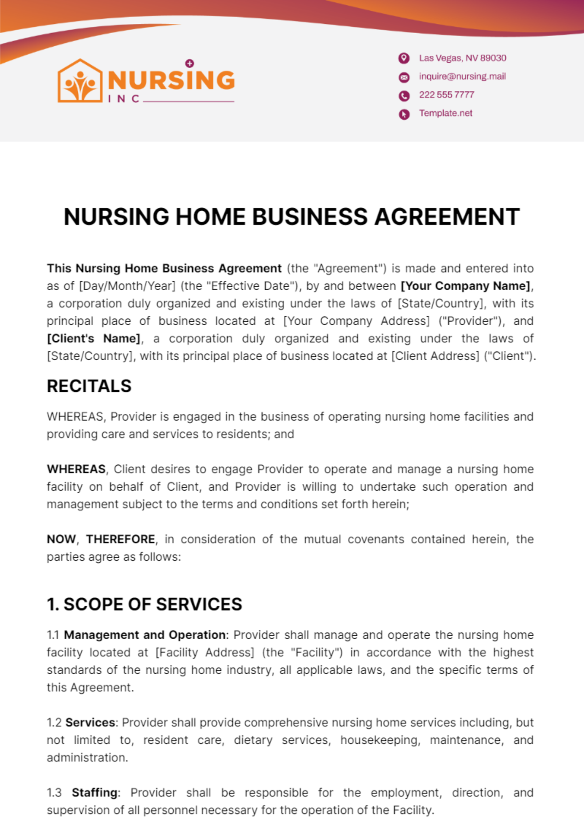 Nursing Home Business Agreement Template - Edit Online & Download ...