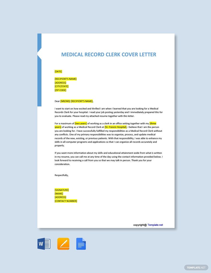 Free Medical Record Clerk Cover Letter Download In Word Google Docs Free Medical Record Clerk Cover Letter Download In Word Google Docs