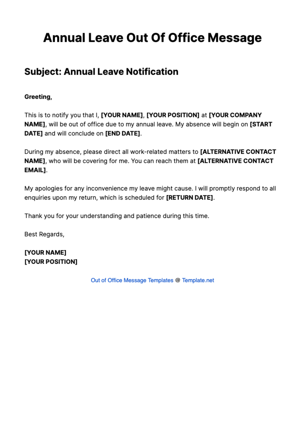 Annual Leave Out Of Office Message Template Edit Online Download