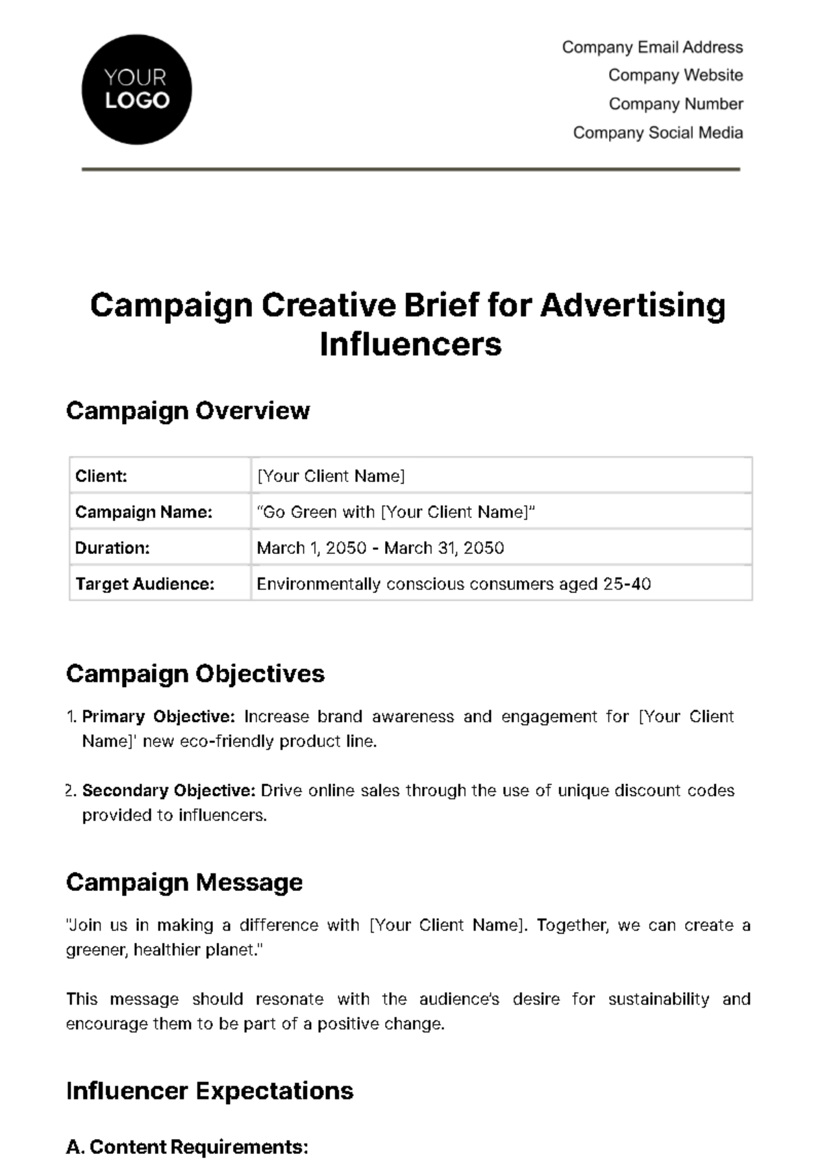 Campaign Creative Brief for Advertising Influencers Template - Edit ...