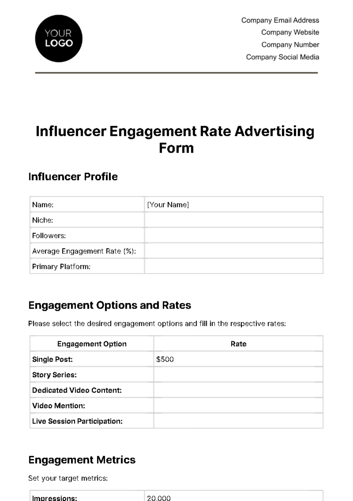 Influencer Engagement Rate Advertising Form Template - Edit Online ...