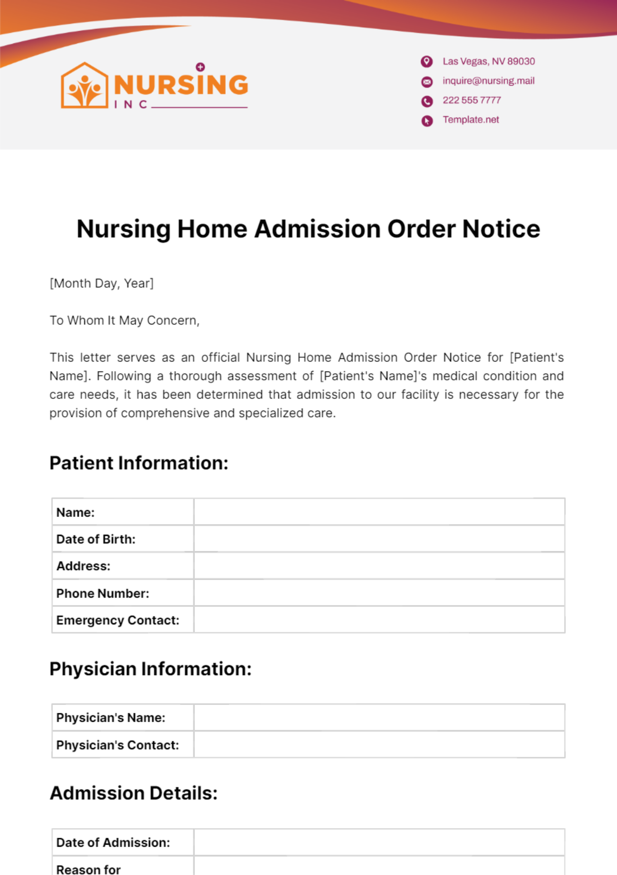 Nursing Home Admission Order Notice Template - Edit Online & Download ...