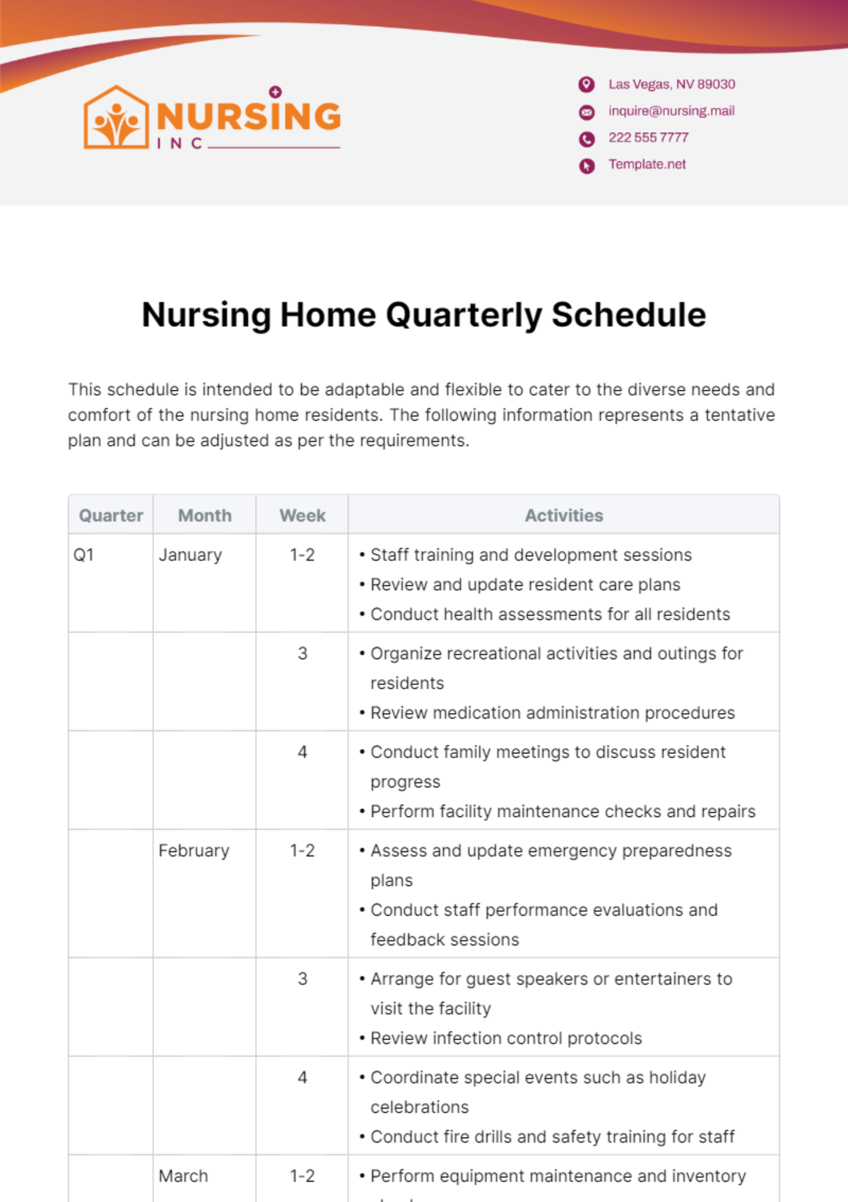 Nursing Home Quarterly Schedule Template - Edit Online & Download ...