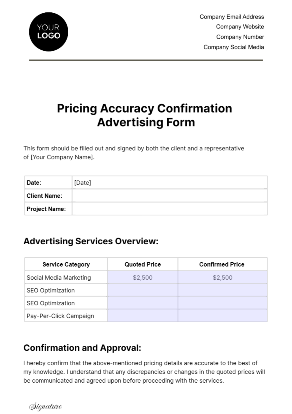 Pricing Accuracy Confirmation Advertising Form Template - Edit Online ...