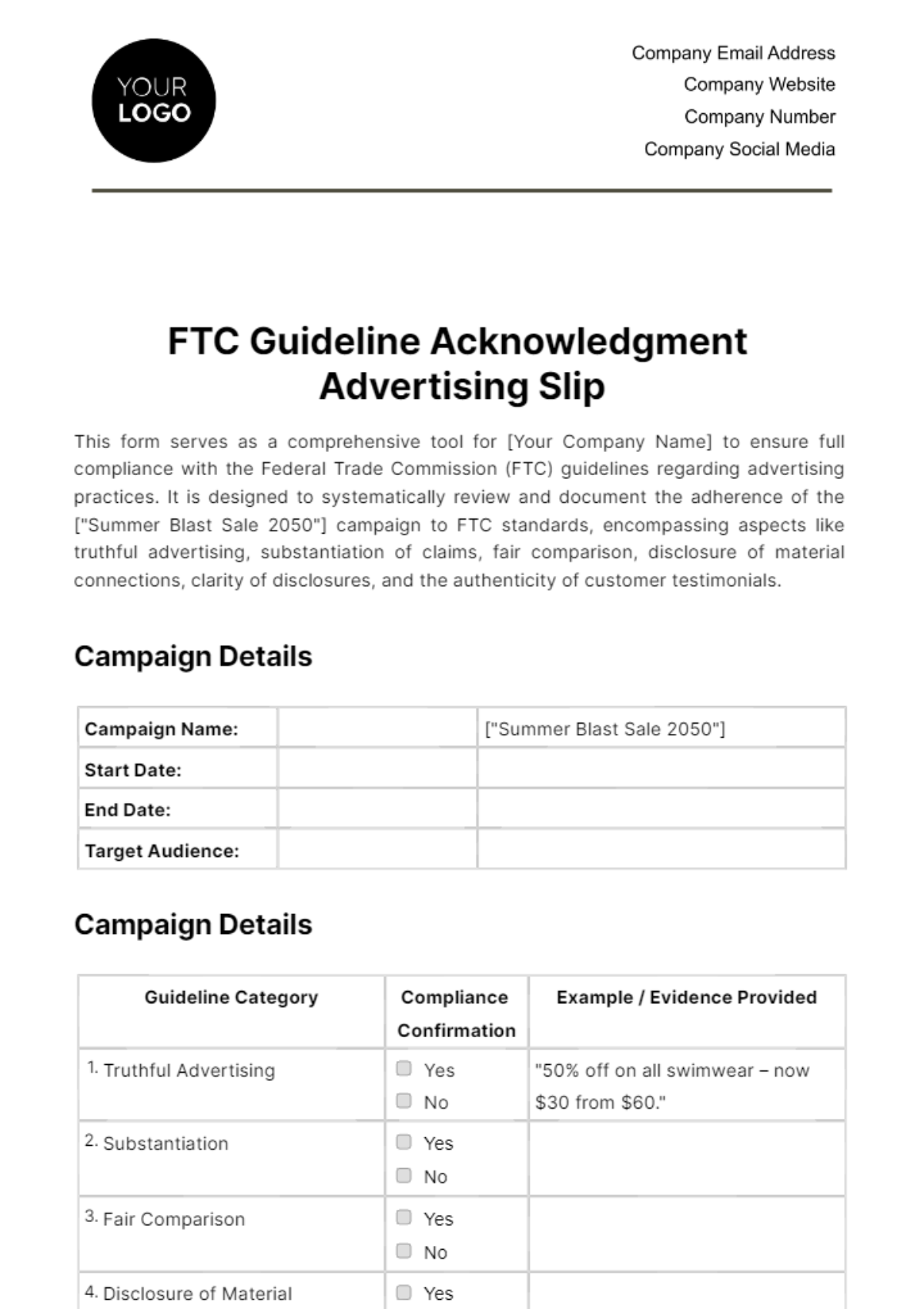 FTC Guideline Acknowledgment Advertising Slip Template - Edit Online ...