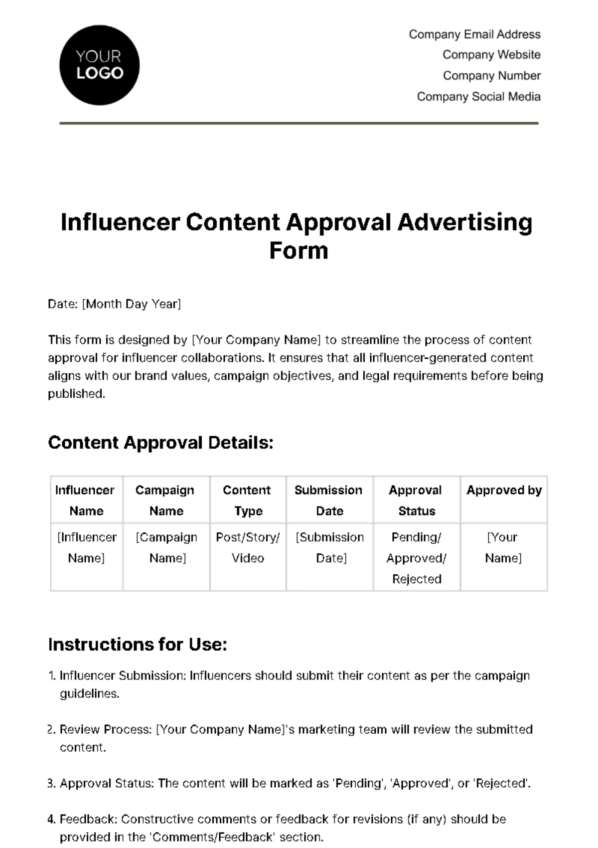 Influencer Content Approval Advertising Form Template - Edit Online ...