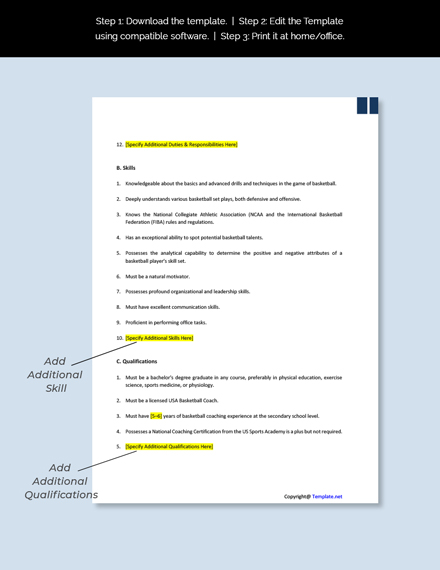 FREE College Basketball Coach Job Description Word Google Docs 