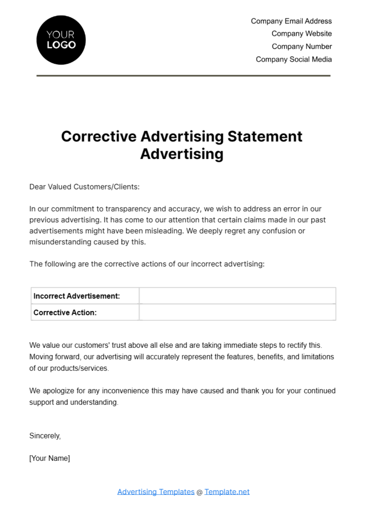 Corrective Advertising Statement Template - Edit Online & Download ...