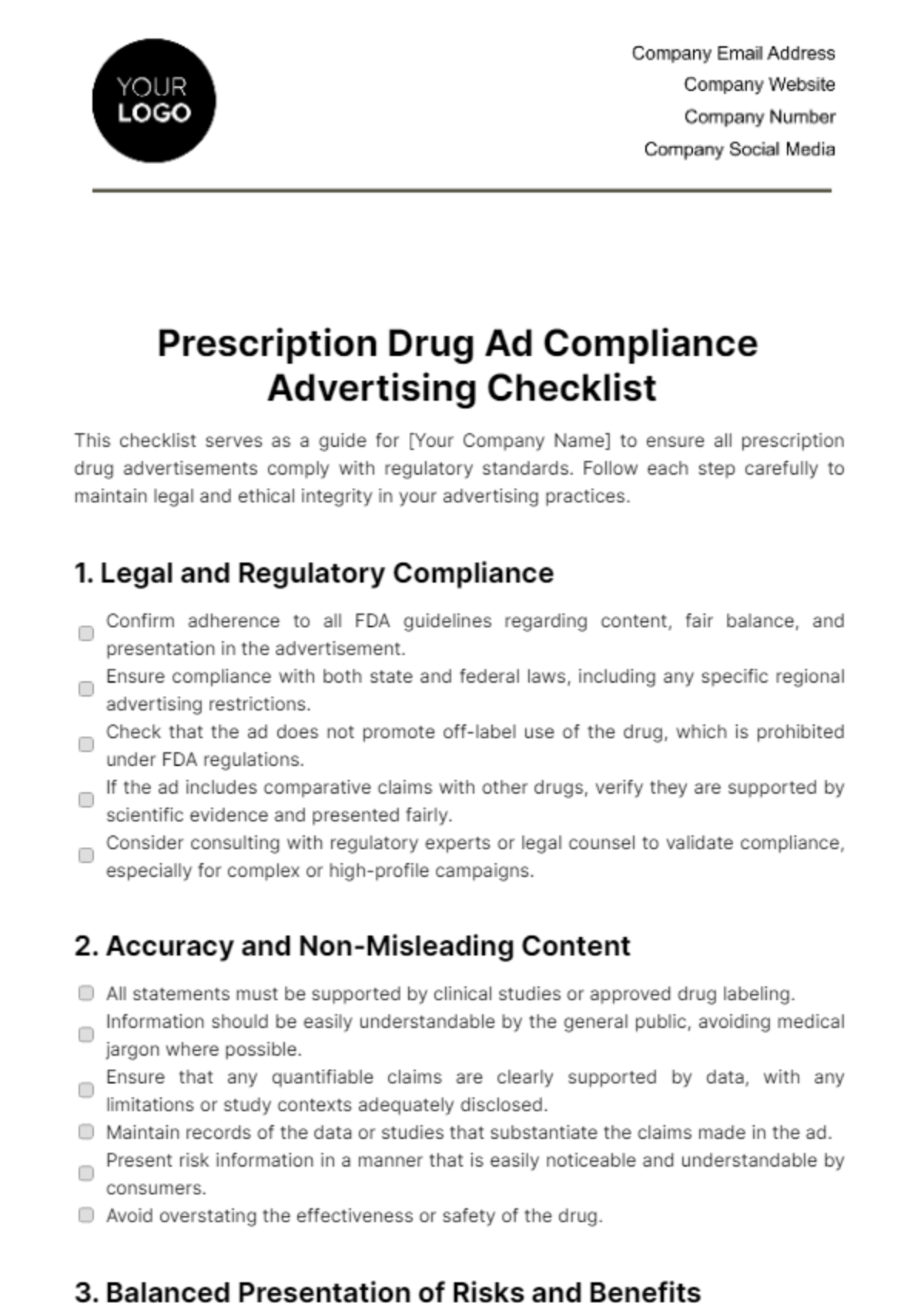 Prescription Drug Ad Compliance Advertising Checklist Template - Edit ...