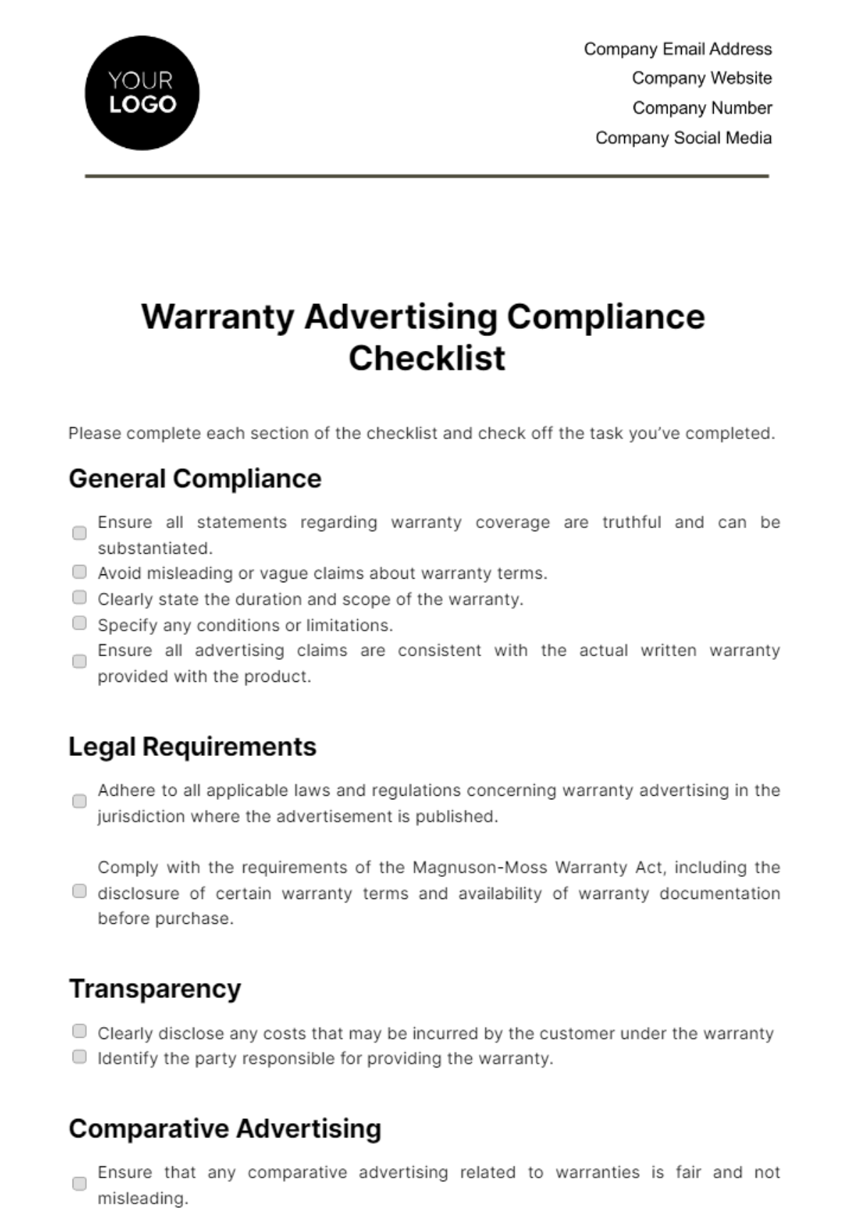 Warranty Advertising Compliance Checklist Template - Edit Online ...