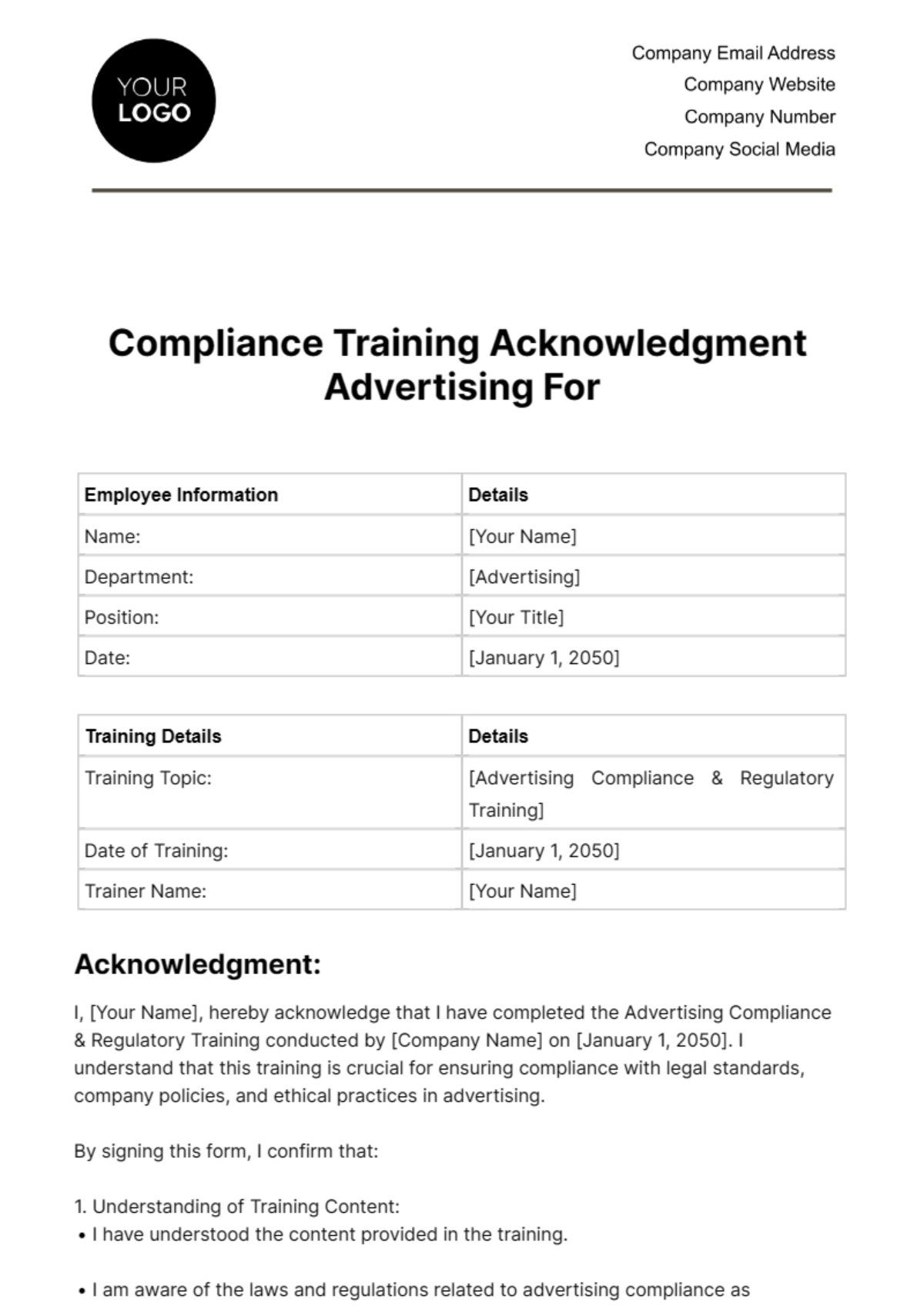Compliance Training Acknowledgment Advertising Form Template - Edit ...