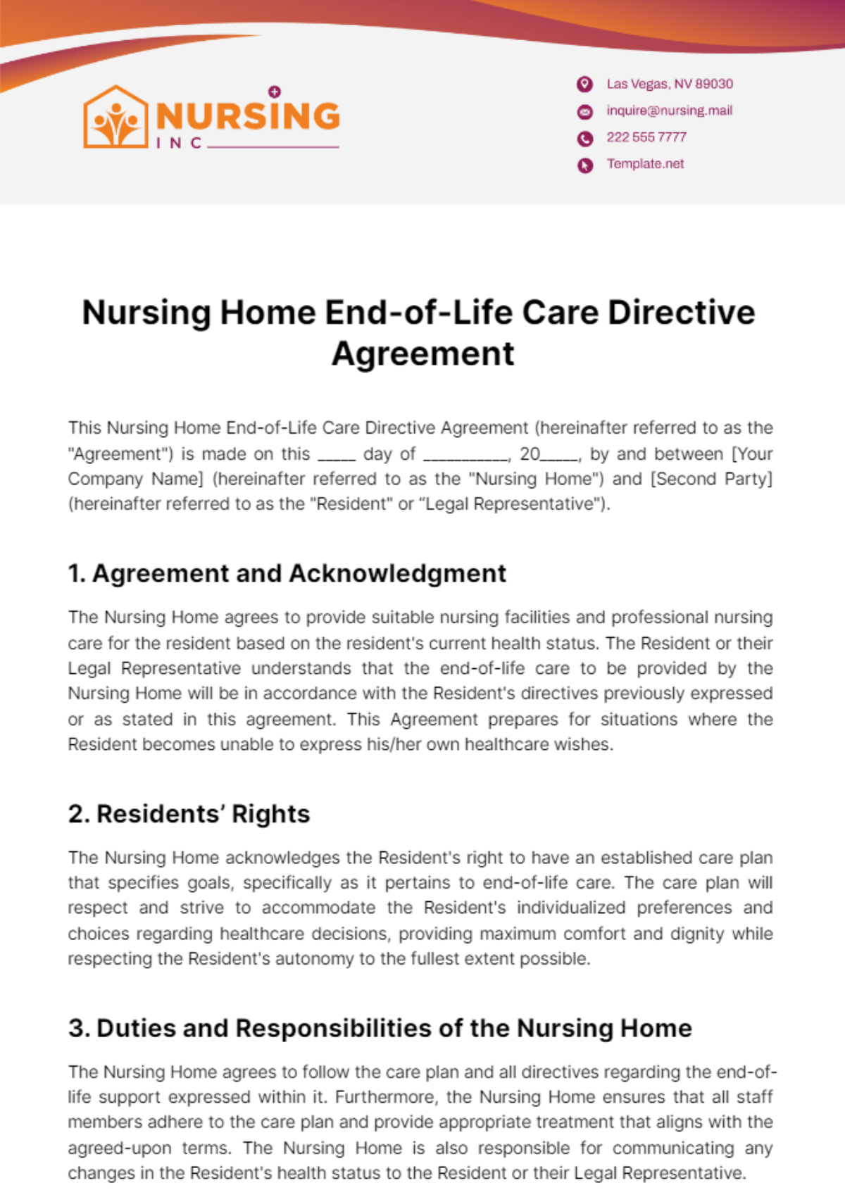 Nursing Home End-of-Life Care Directive Agreement Template - Edit ...