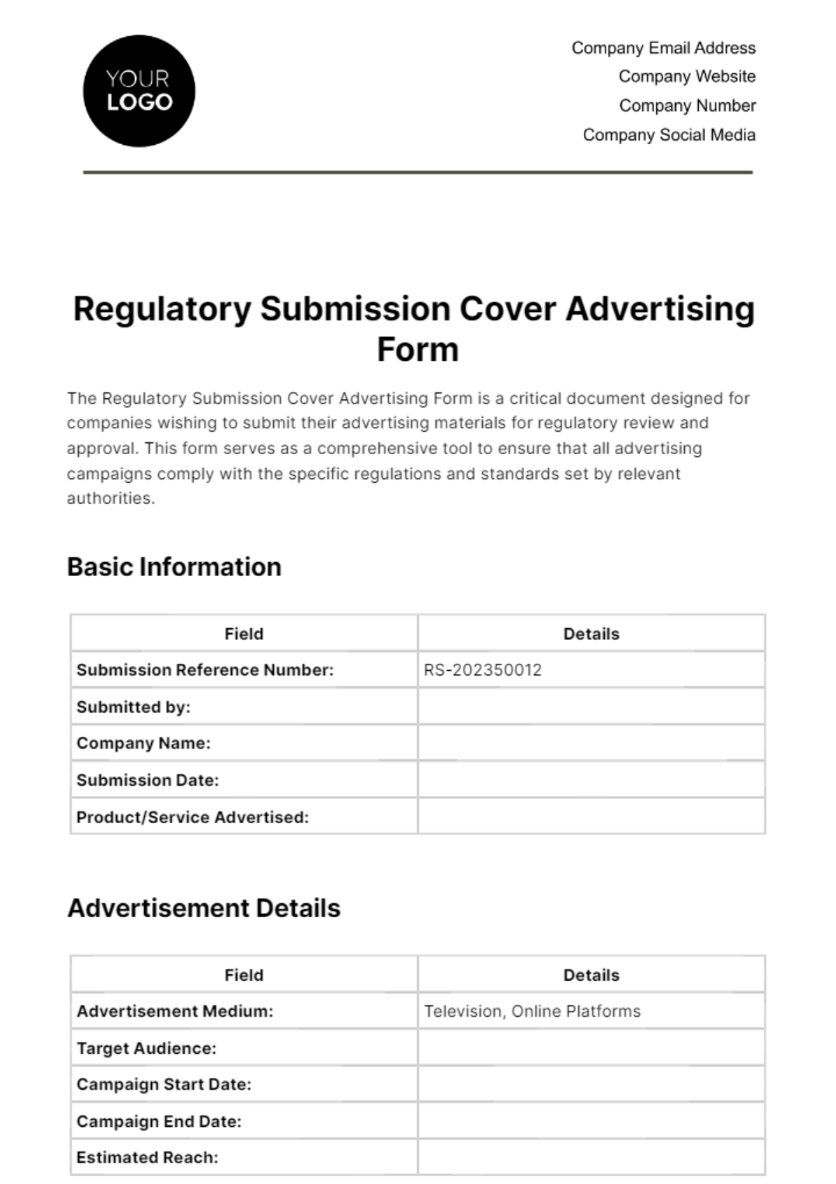 Regulatory Submission Cover Advertising Form Template - Edit Online & Download Example ...