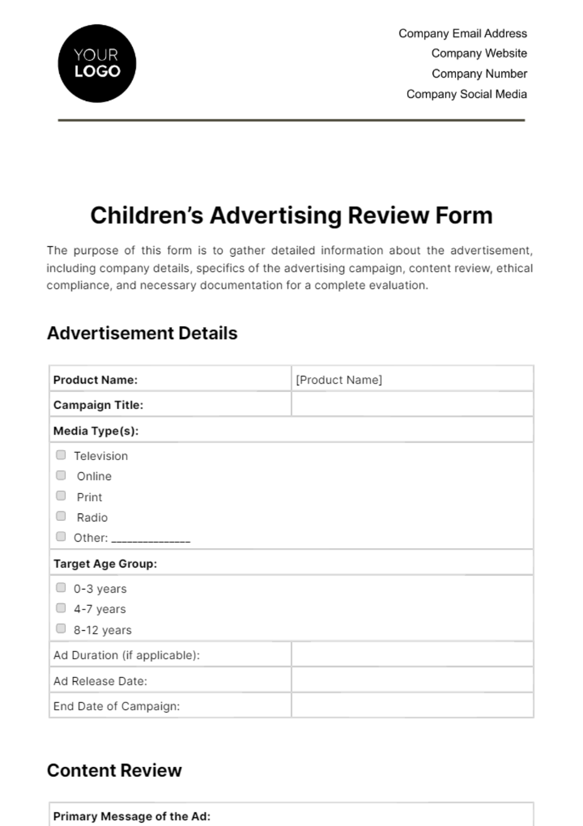Children’s Advertising Review Form Template - Edit Online & Download ...