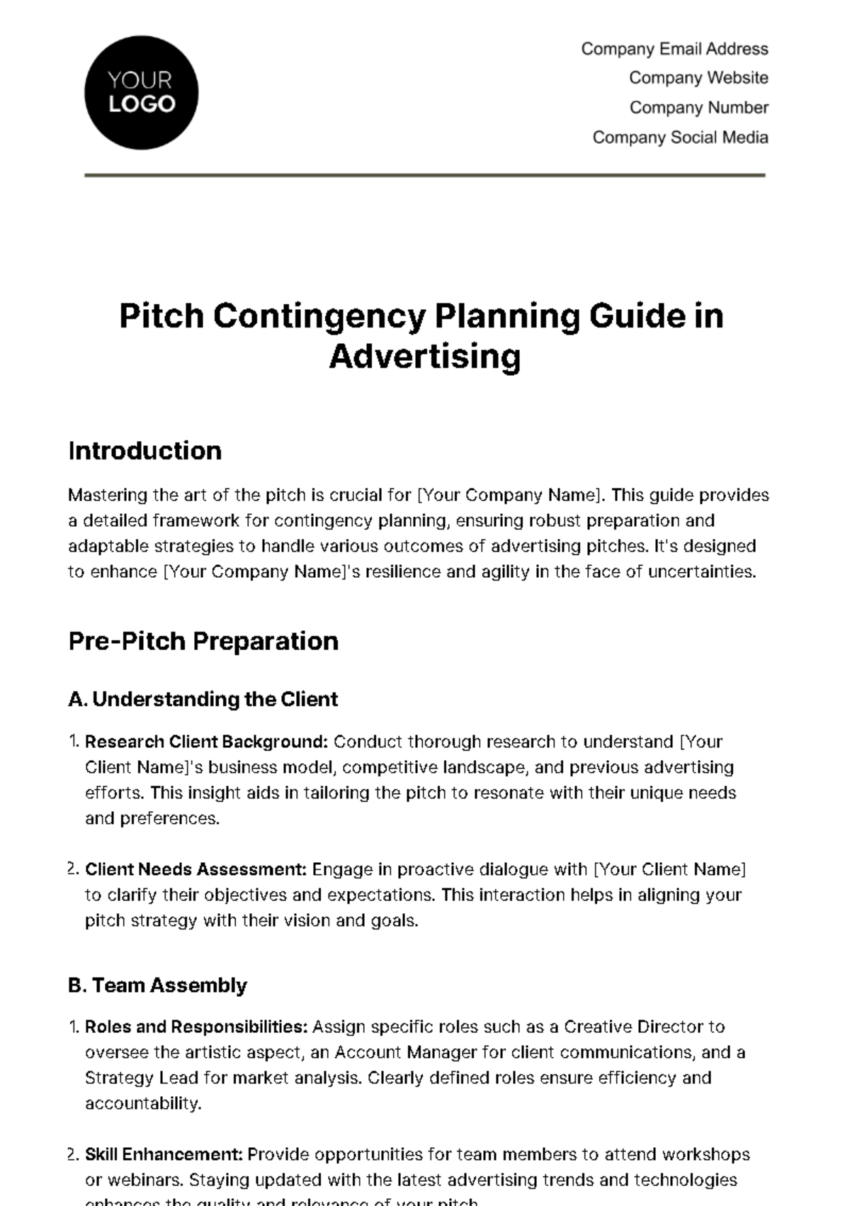 Pitch Contingency Planning Guide in Advertising Template - Edit Online ...