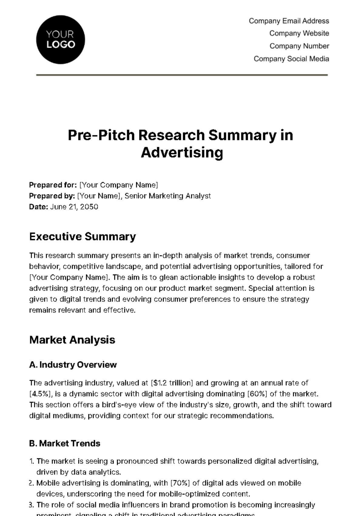 Pre-Pitch Research Summary in Advertising Template - Edit Online ...