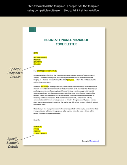 Business Finance Manager Cover Letter Template - Google Docs, Word ...