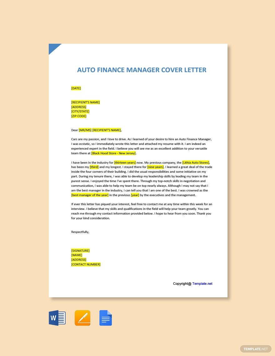 Auto Finance Manager Cover Letter In Google Docs Word Pages PDF