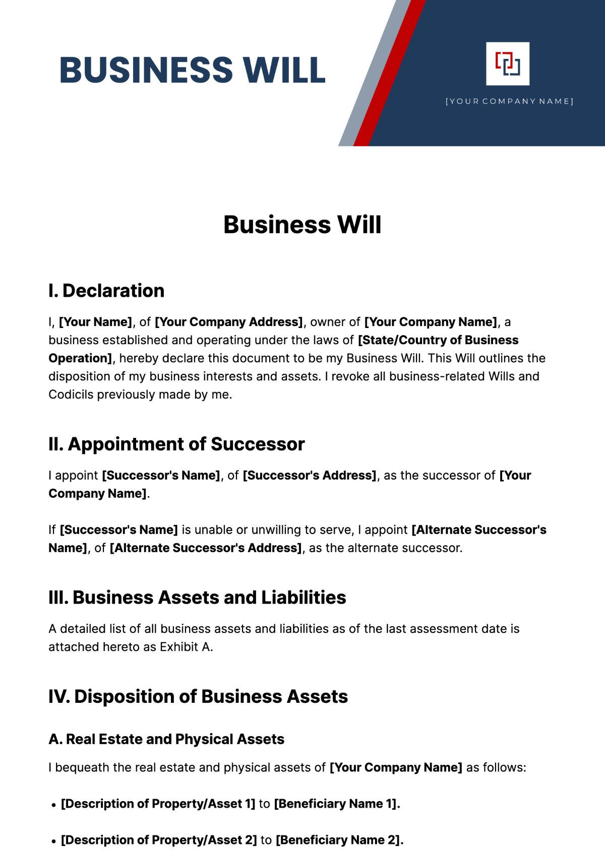 Business Will Template - Edit Online & Download Example | Template.net