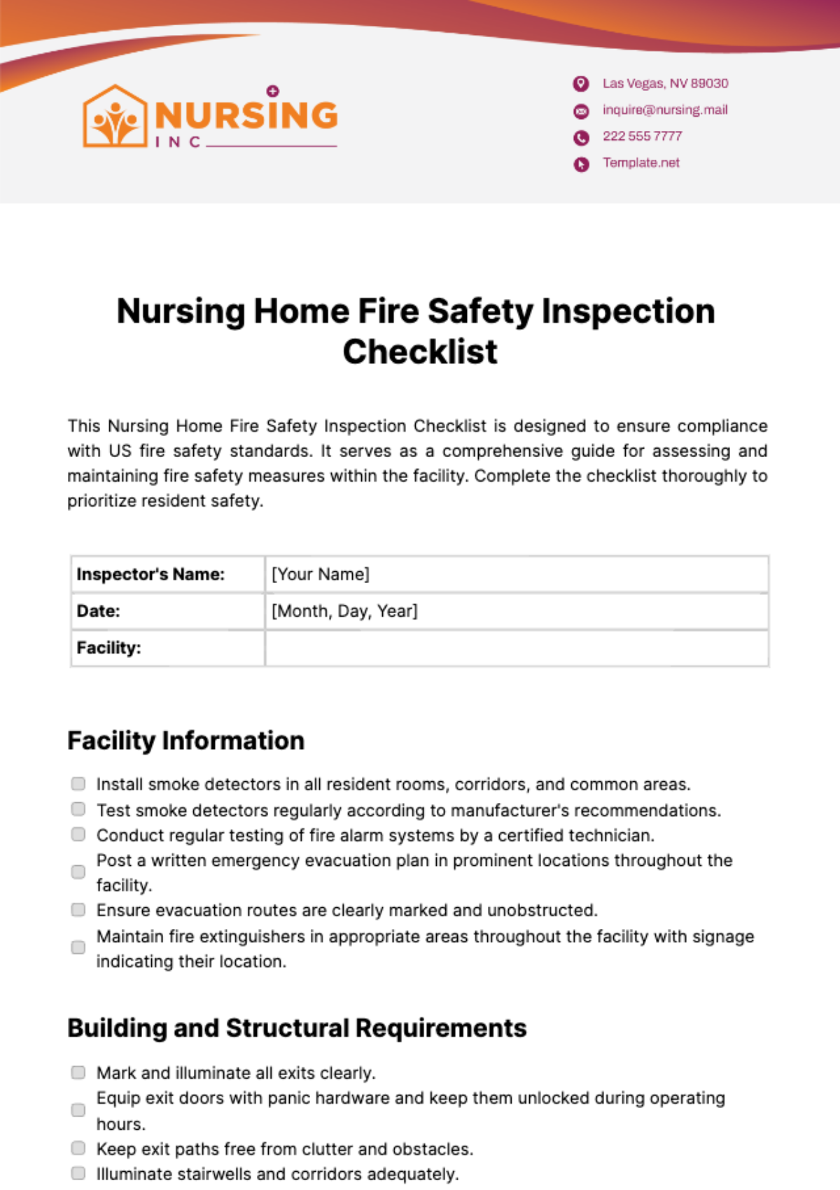 Nursing Home Fire Safety Inspection Checklist Template - Edit Online ...