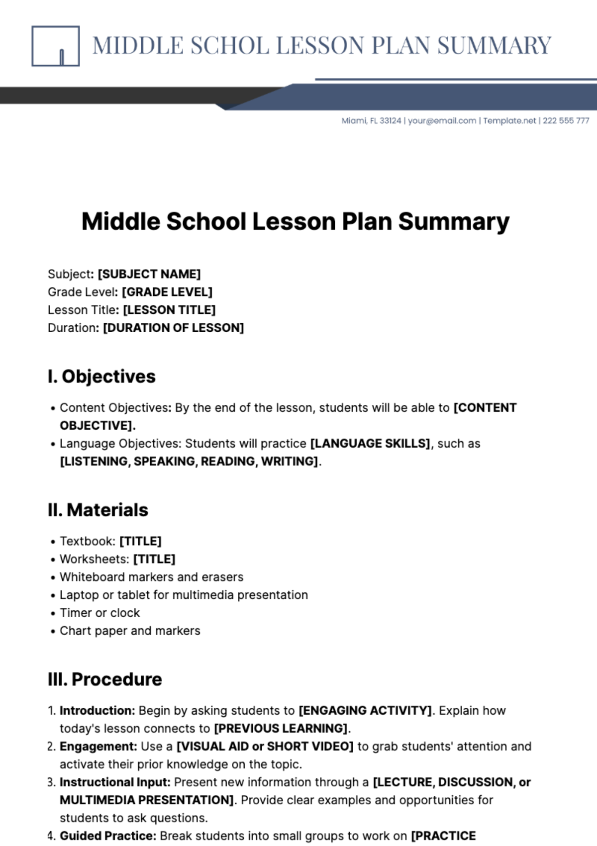 Free Middle School Lesson Plan Summary Template To Edit Online