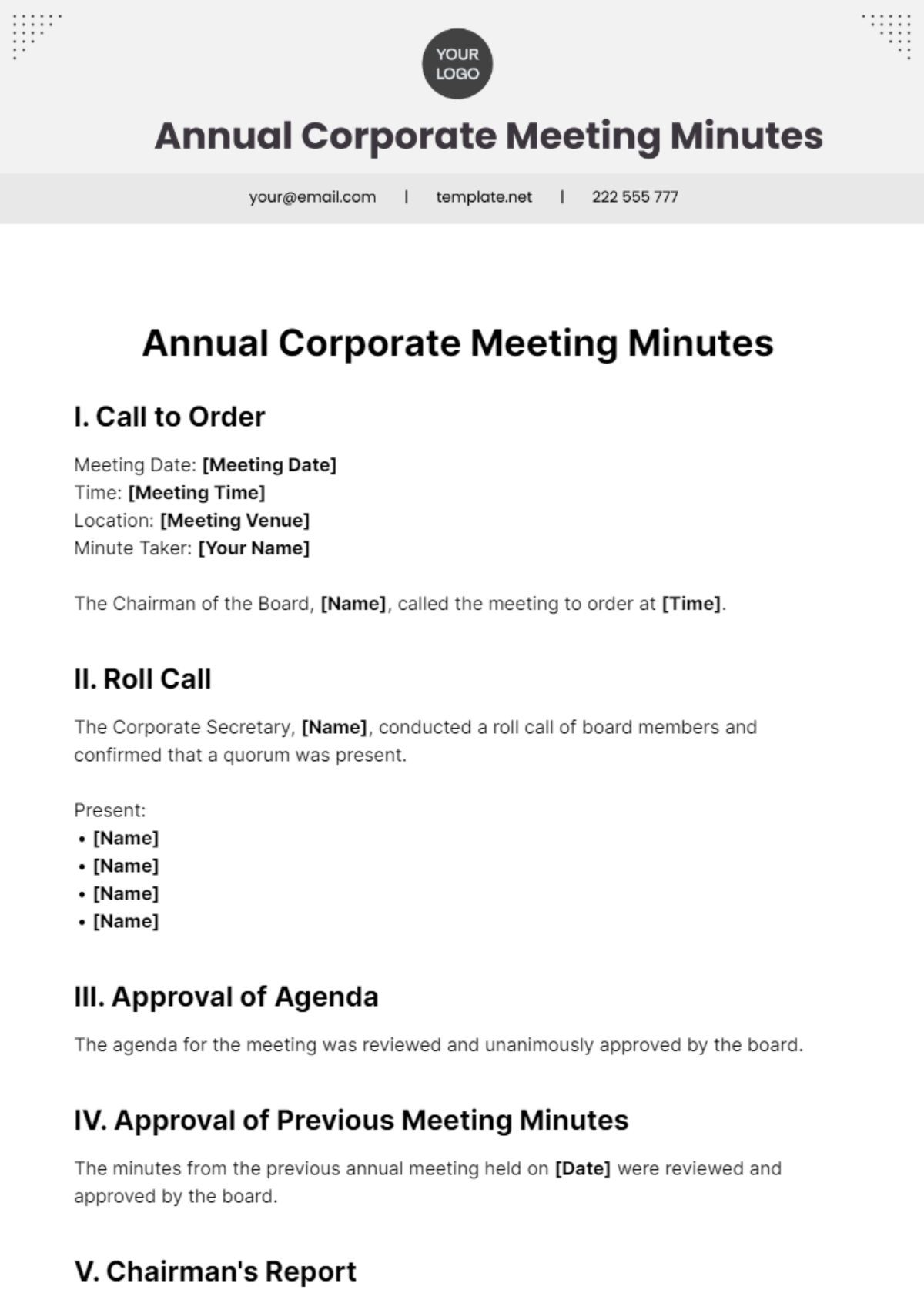 Free Shareholder Meeting Minutes Templates Editable And Printable