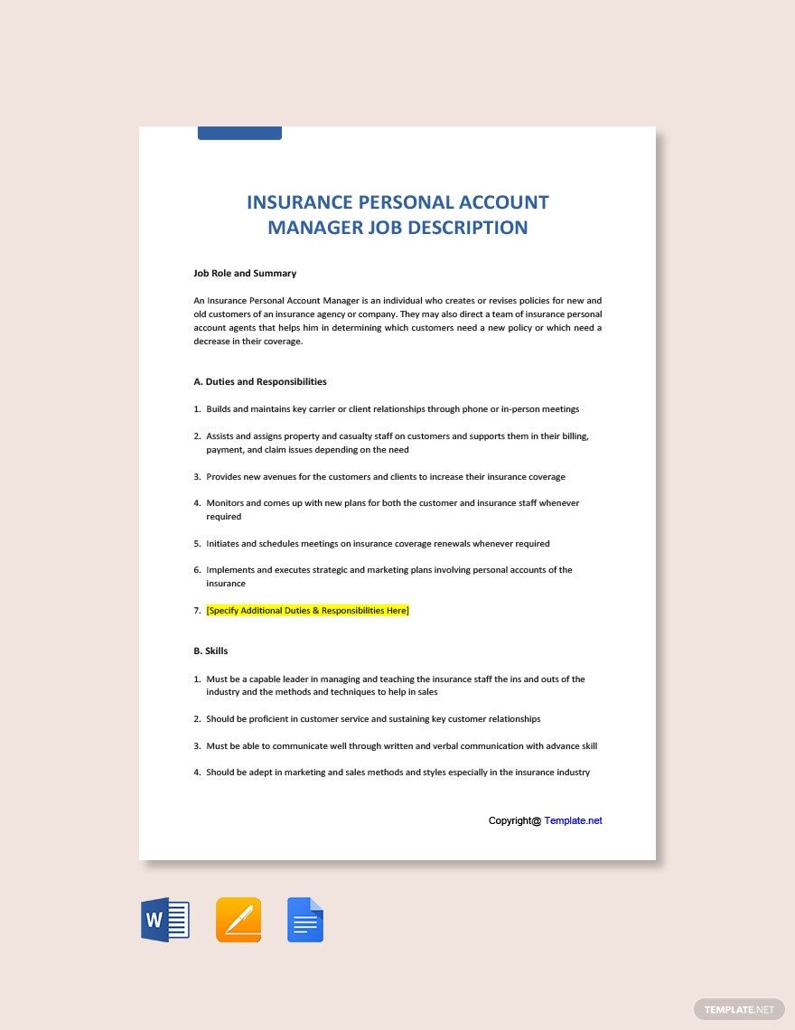 Insurance Personal Account Manager Job Description Template Download 