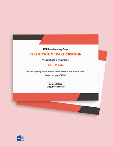 FREE Talent Show Participation Certificate Template - Word (DOC ...