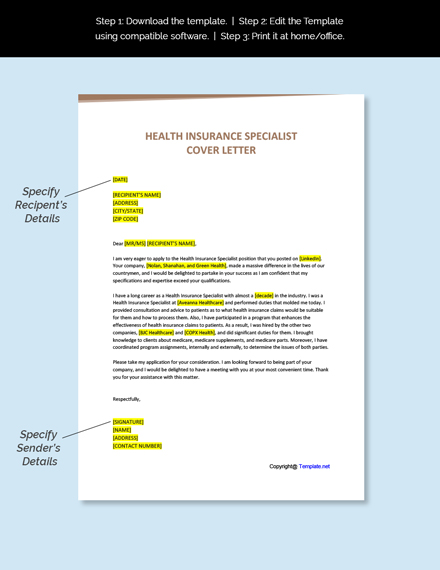 Health Insurance Specialist Cover Letter Template - Google Docs, Word ...