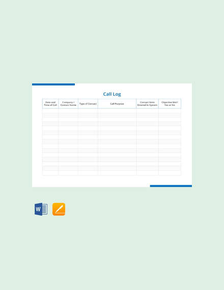 Daily Call Log Template Excel Word Apple Numbers Apple Pages PDF Template
