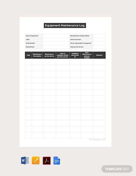 FREE Equipment Maintenance Log Template - PDF | Word (DOC) | Excel ...