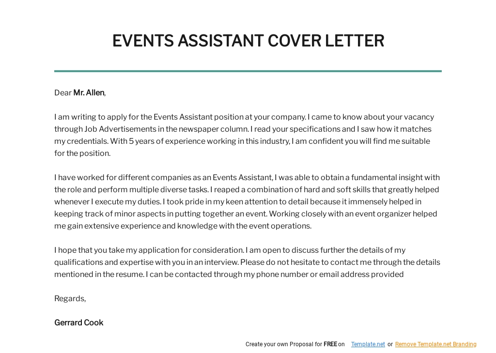Free Events Assistant Cover Letter Template - Google Docs, Word ...